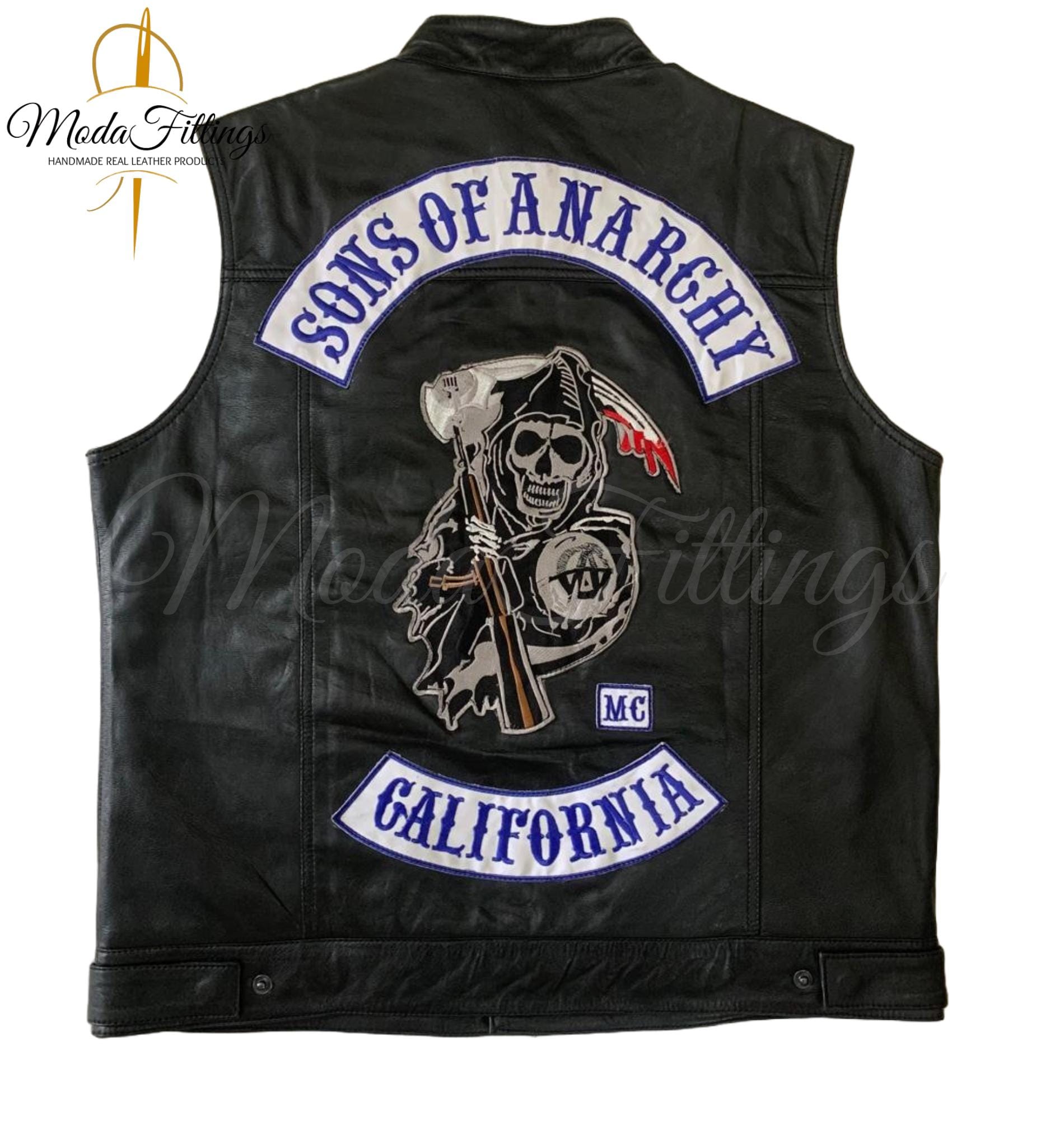 Mens Son of Anarchy Black Leather Vest | Blue Embroidered Patches ...