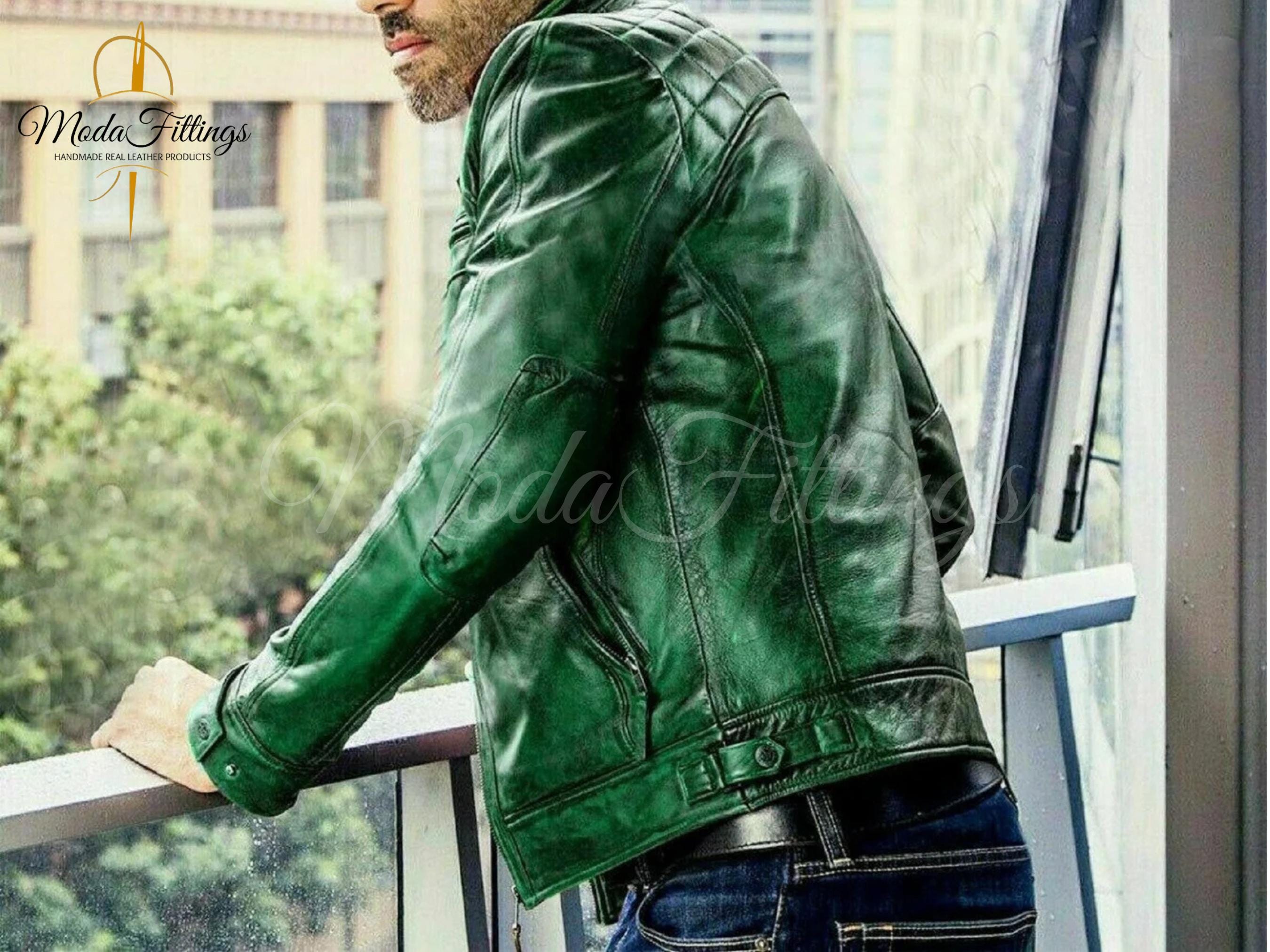 Mens Green Leather Jacket Genuine Sheepskin Leather Jacket Men Leather ...