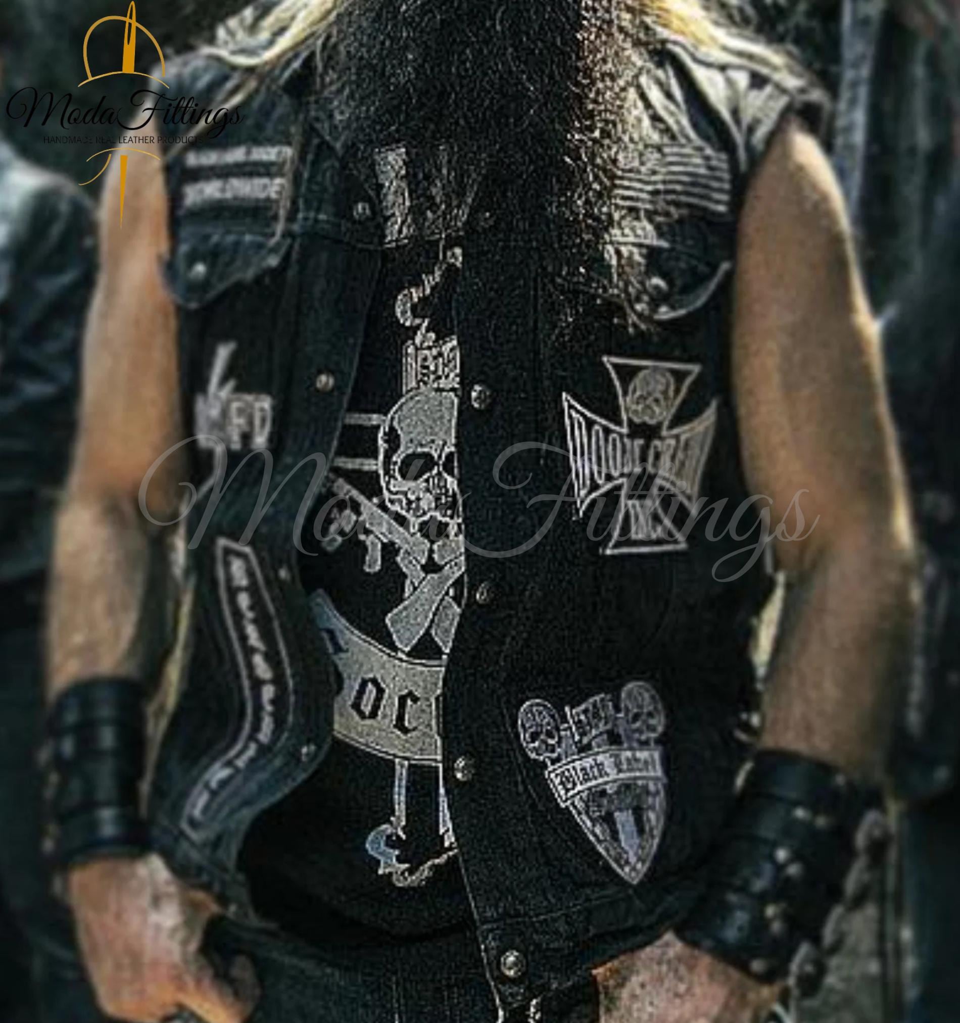 Mens Black Label Society Vest With Embroidered Patches | Sheepskin ...