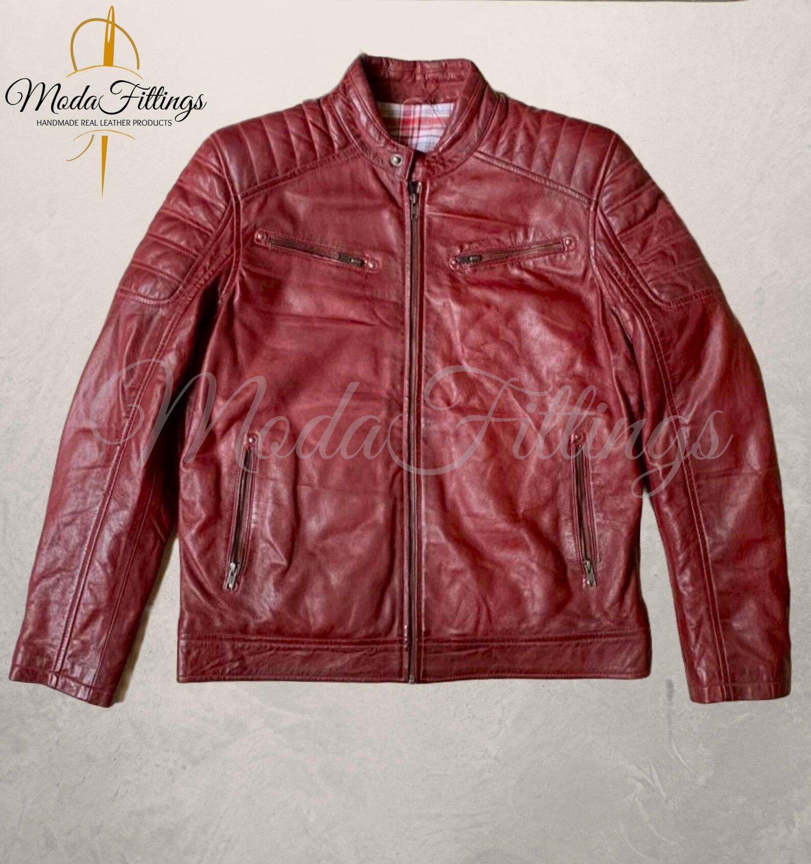Mens Burgundy Leather Biker Jacket | Handmade Genuine Sheepskin ...