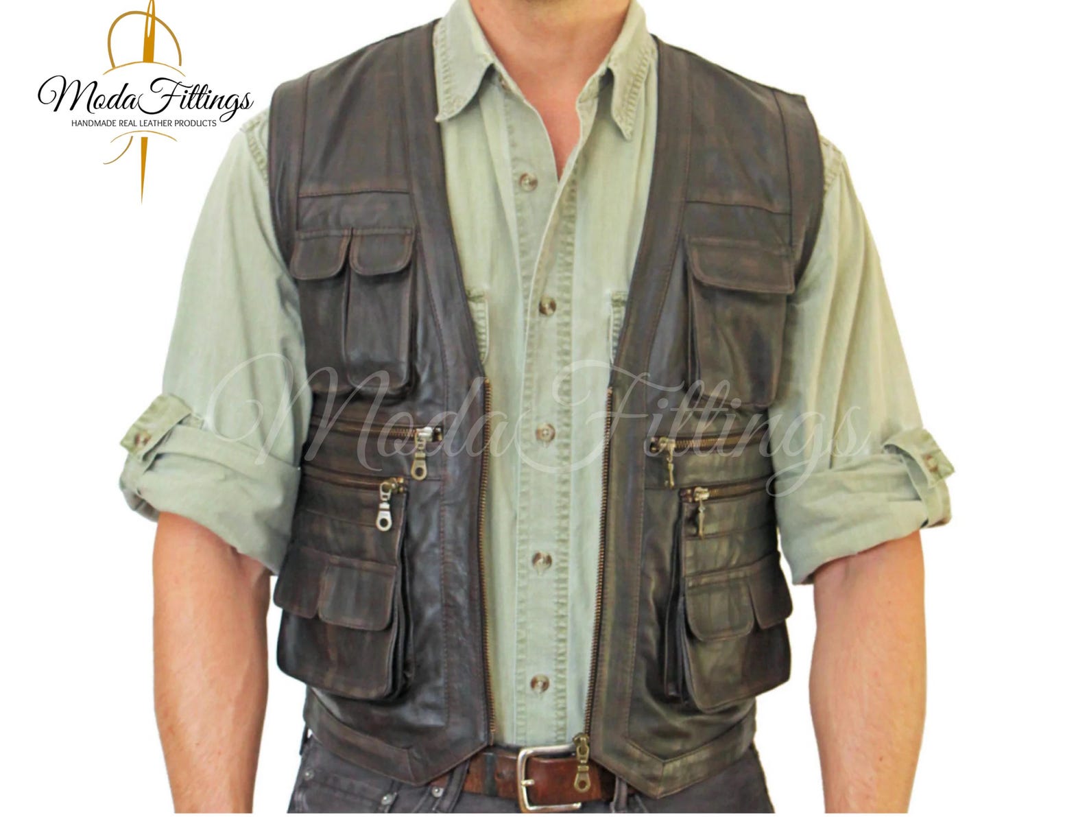 Mens Brown Leather Vest | Sheepskin Rub off Leather Vest | Safari Vest ...