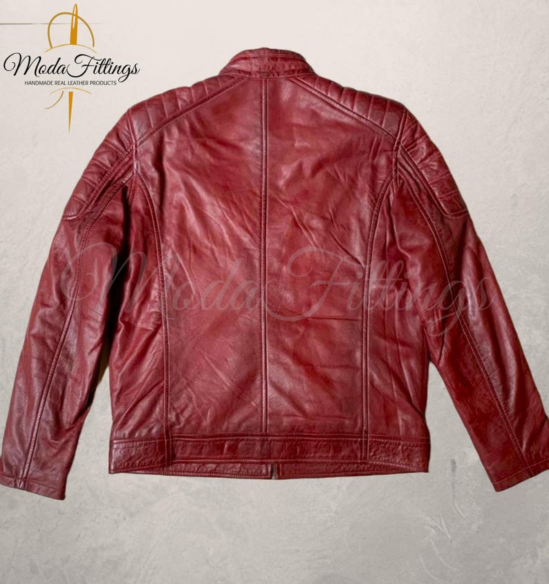 Mens Burgundy Leather Biker Jacket | Handmade Genuine Sheepskin Motorcycle Jacket | Real Leather ...