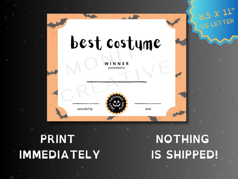 Halloween Costume Award Certificate, Costume Awards, Printable ...