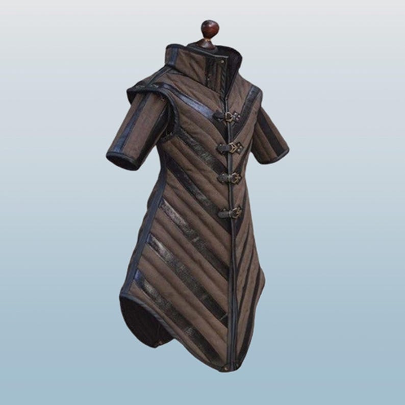 Medieval Gambeson With Black Leather Trim, Cotton Padded Jacket Coat ...