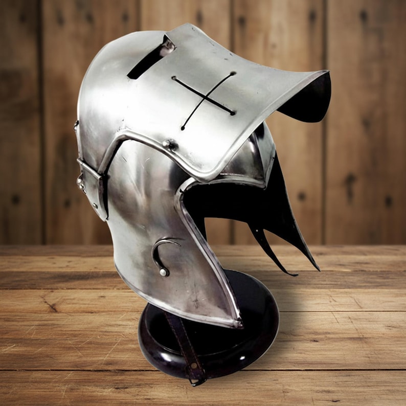 Medieval Barbuta Helmet – Silver Knight Armor Helm With Free Wooden ...