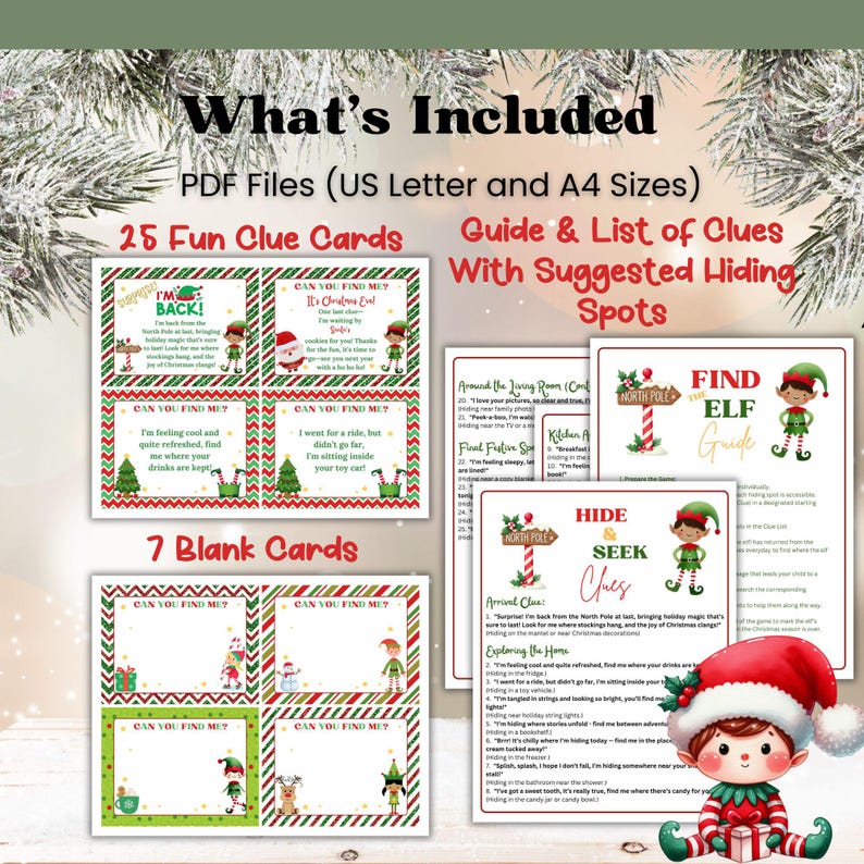 Printable Christmas Find the Elf Clue Cards 25 Festive Hide & Seek ...