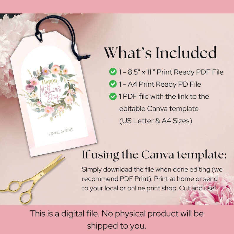 Mother’s Day Gift Tag Printable & Editable Canva Template Floral Wreath ...