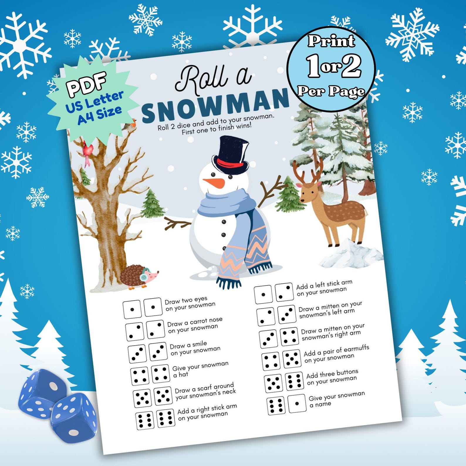 Roll A Snowman Game Printable Winter Activity for Family Kids Adults ...