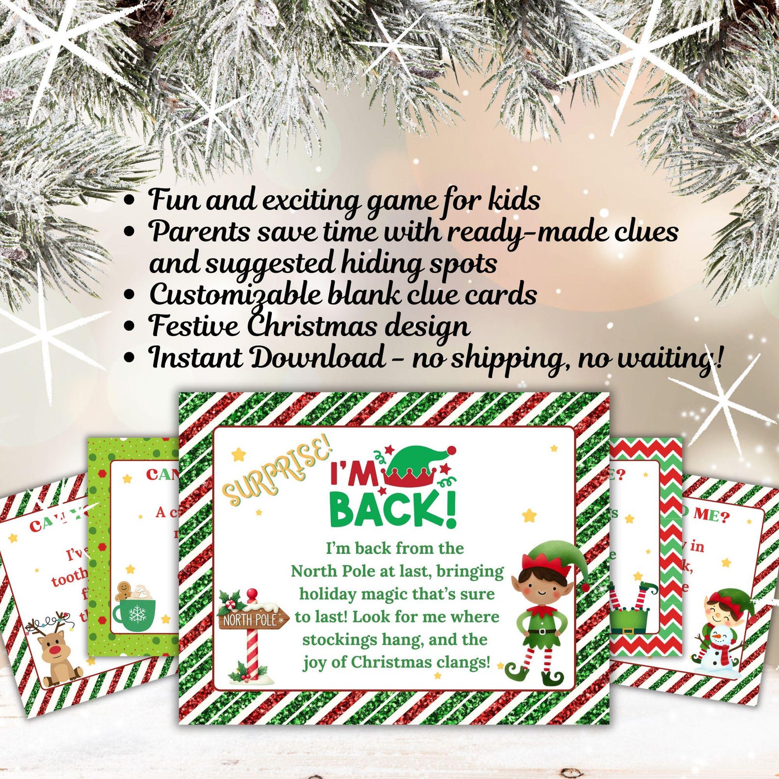 Printable Christmas Find the Elf Clue Cards 25 Festive Hide & Seek ...