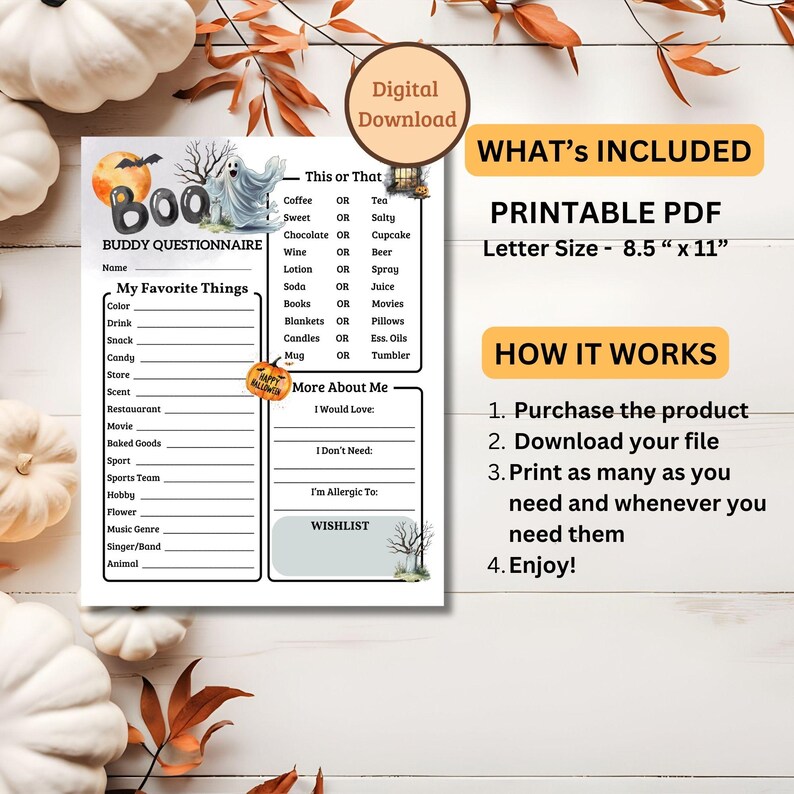 BOO Buddy Questionnaire Halloween Printable Coworker Family Friends Fun ...