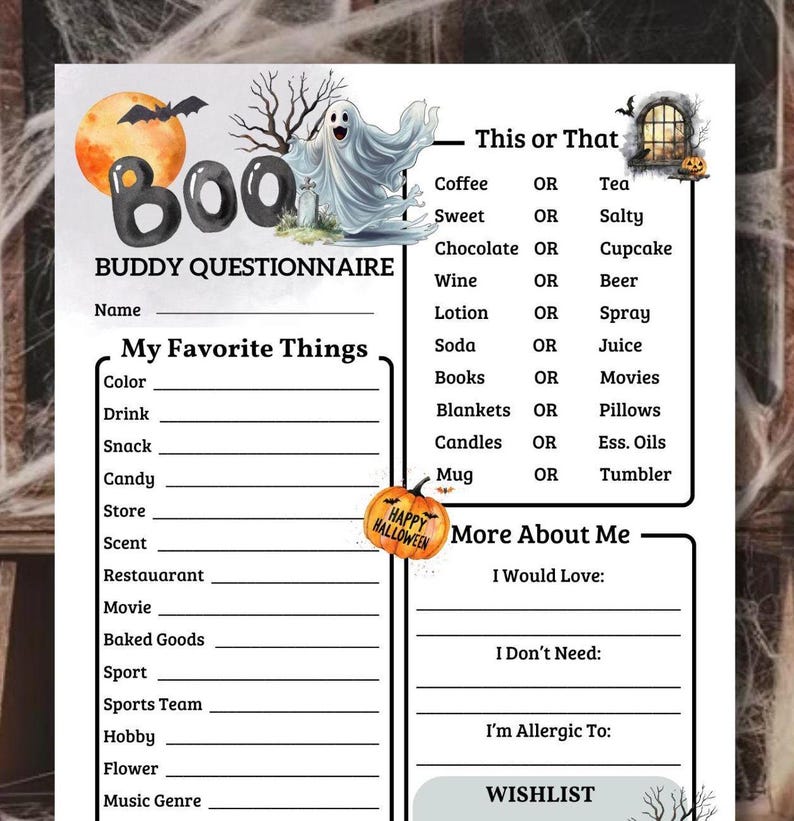 BOO Buddy Questionnaire Halloween Printable Coworker Family Friends Fun ...
