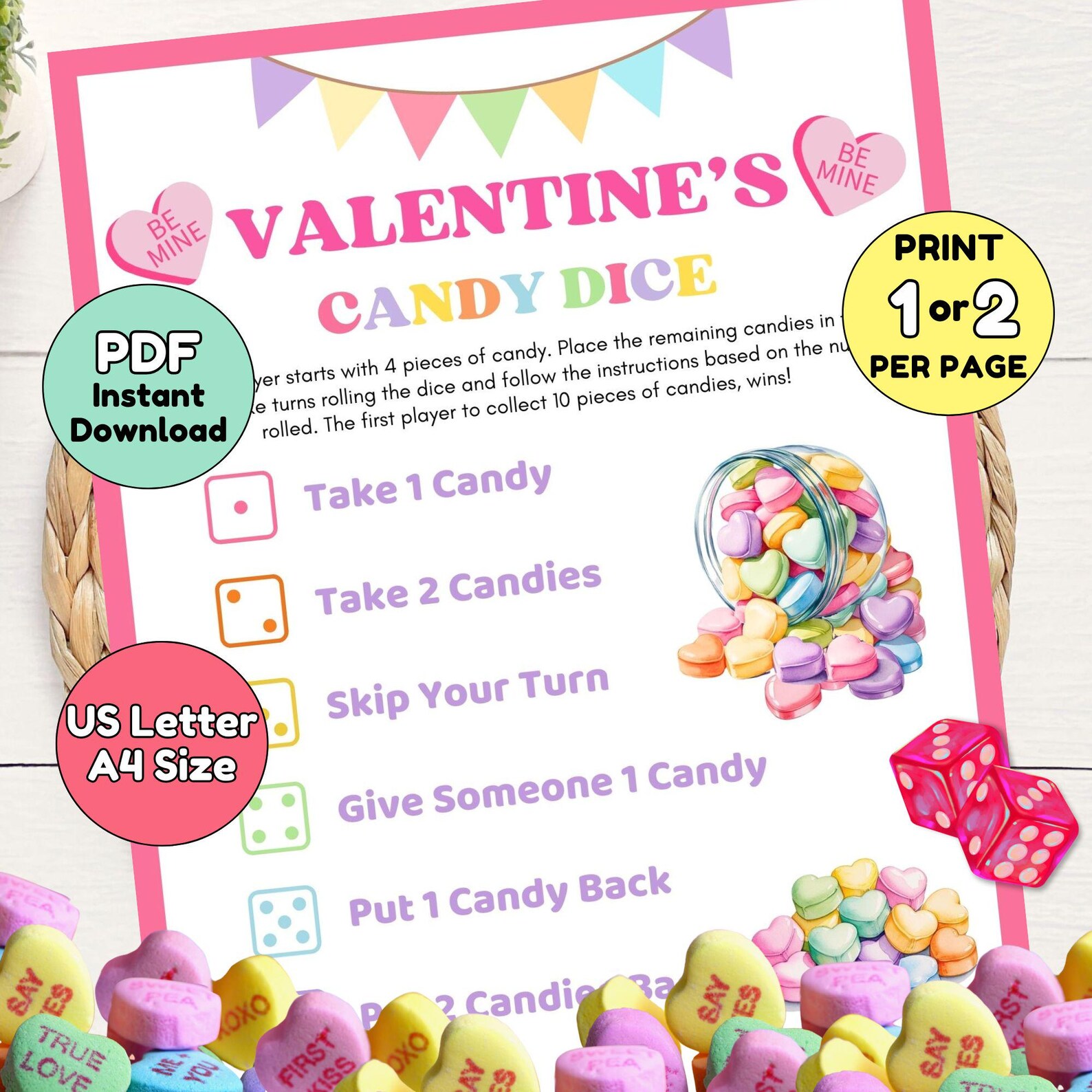 Valentines Day Candy Dice Game Printable Fun Valentine Pastel Theme ...