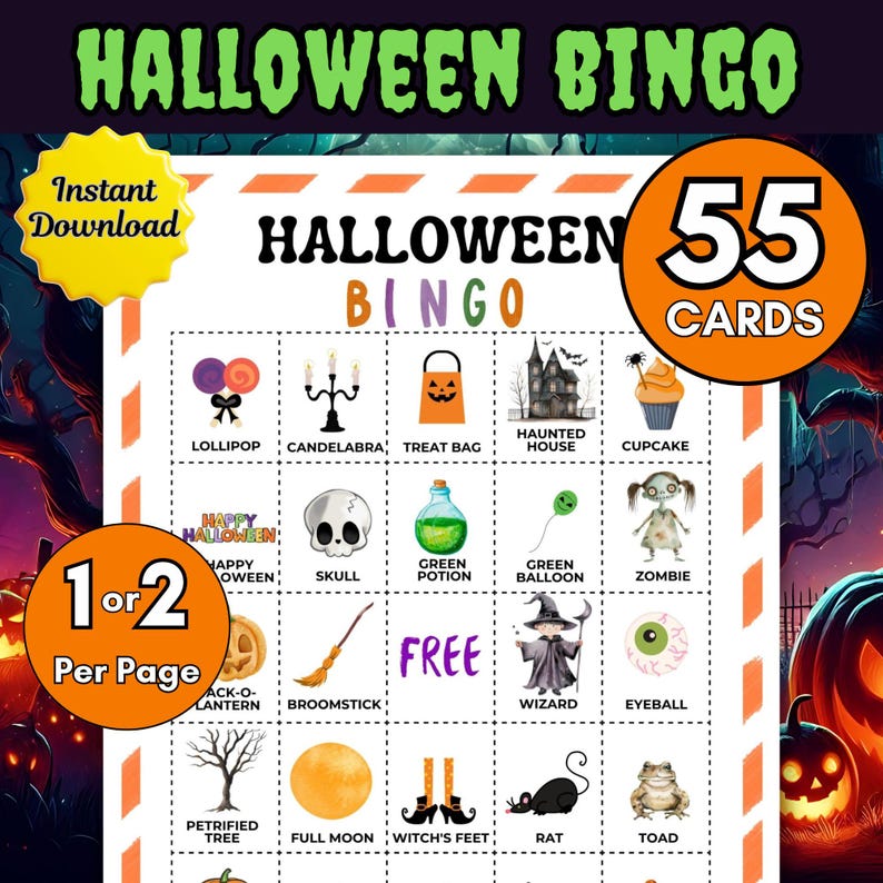 Printable Halloween Bingo Game 55 Bingo Cards Fun Halloween Game for ...