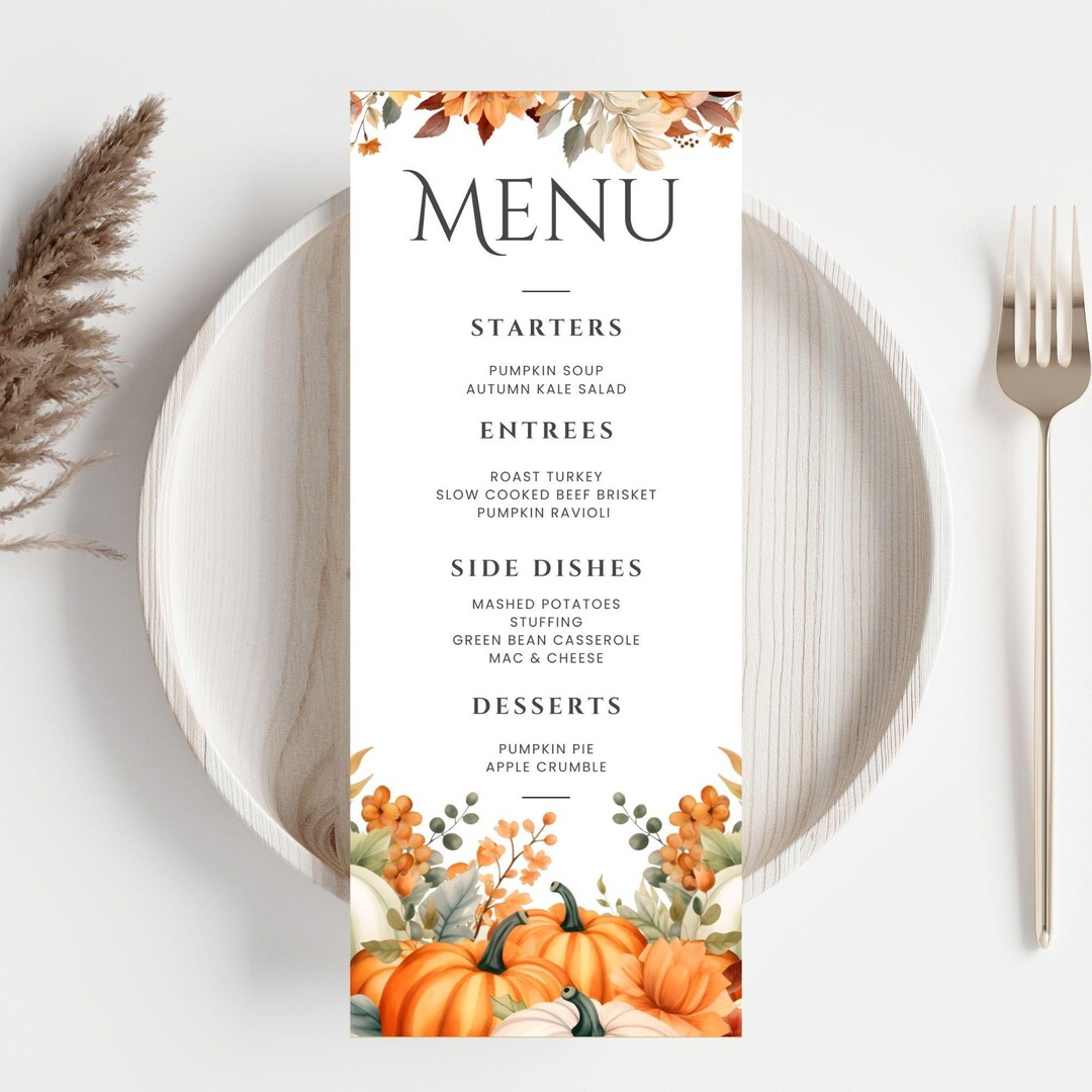 Editable Thanksgiving Menu Template Printable Custom Autumn Fall ...