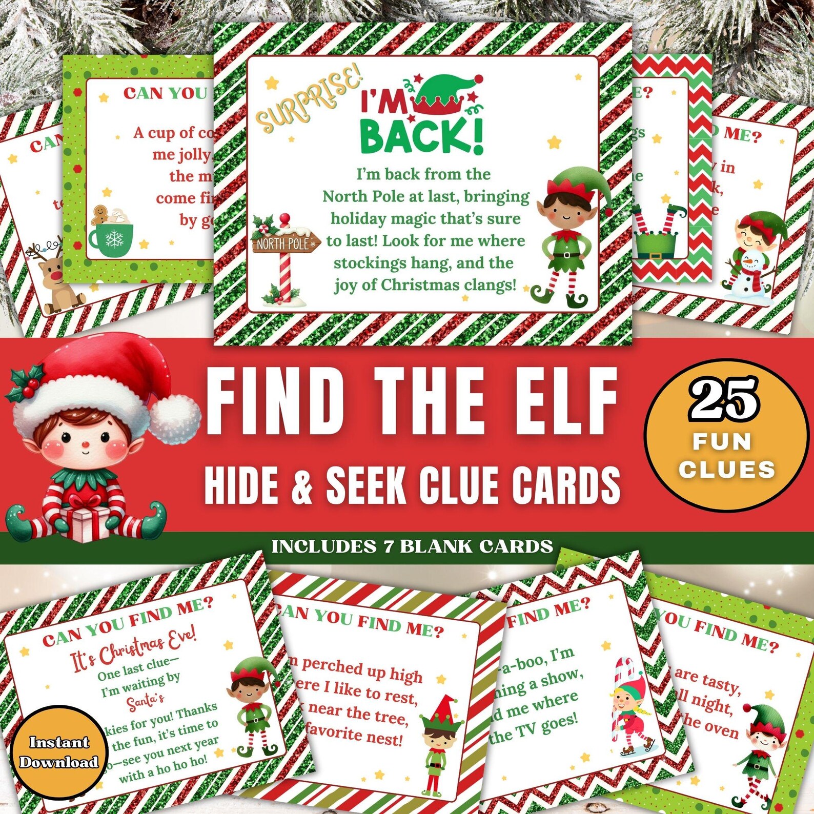 Printable Christmas Find the Elf Clue Cards 25 Festive Hide & Seek ...