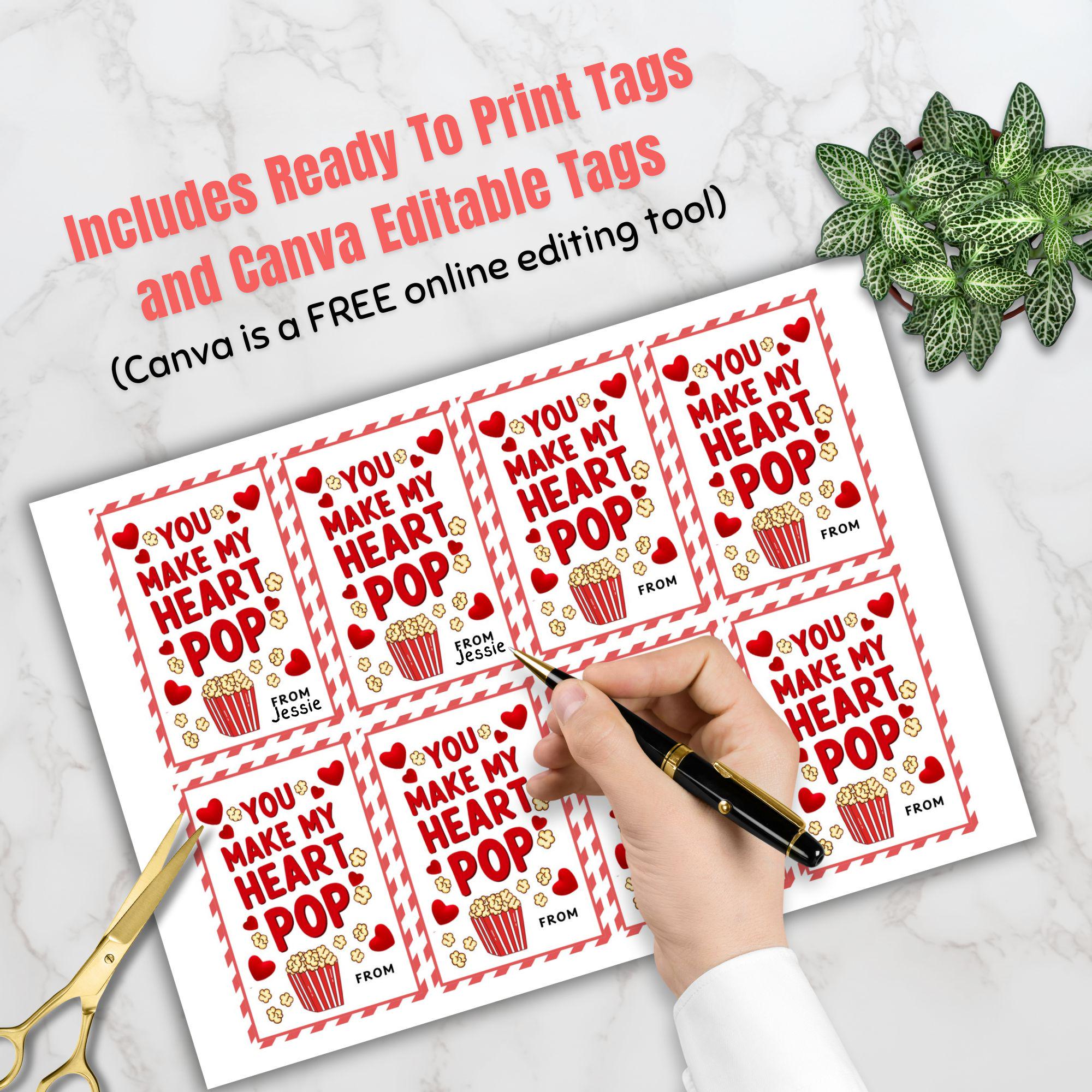 Editable Popcorn Valentine Card Tag Printable You Make My Heart Pop, US ...