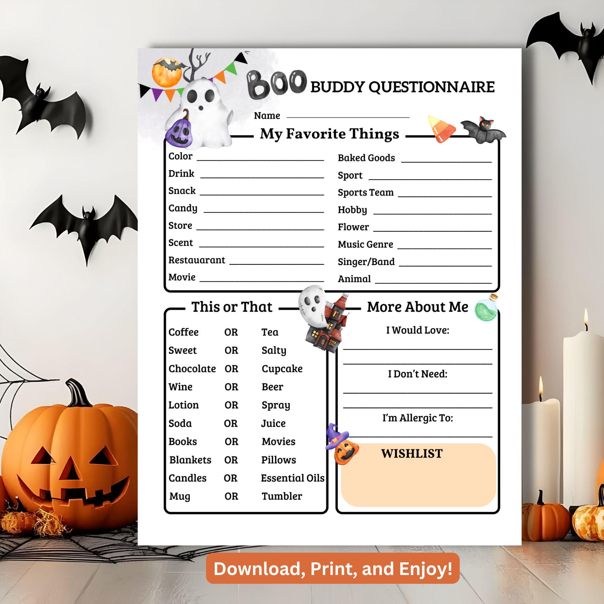 BOO Buddy Questionnaire Printable Halloween Coworker Family Staff ...