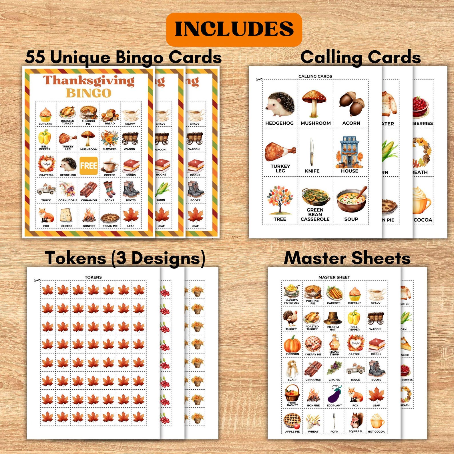 Printable Thanksgiving Bingo Game 55 Bingo Cards Fun Thanksgiving Game ...