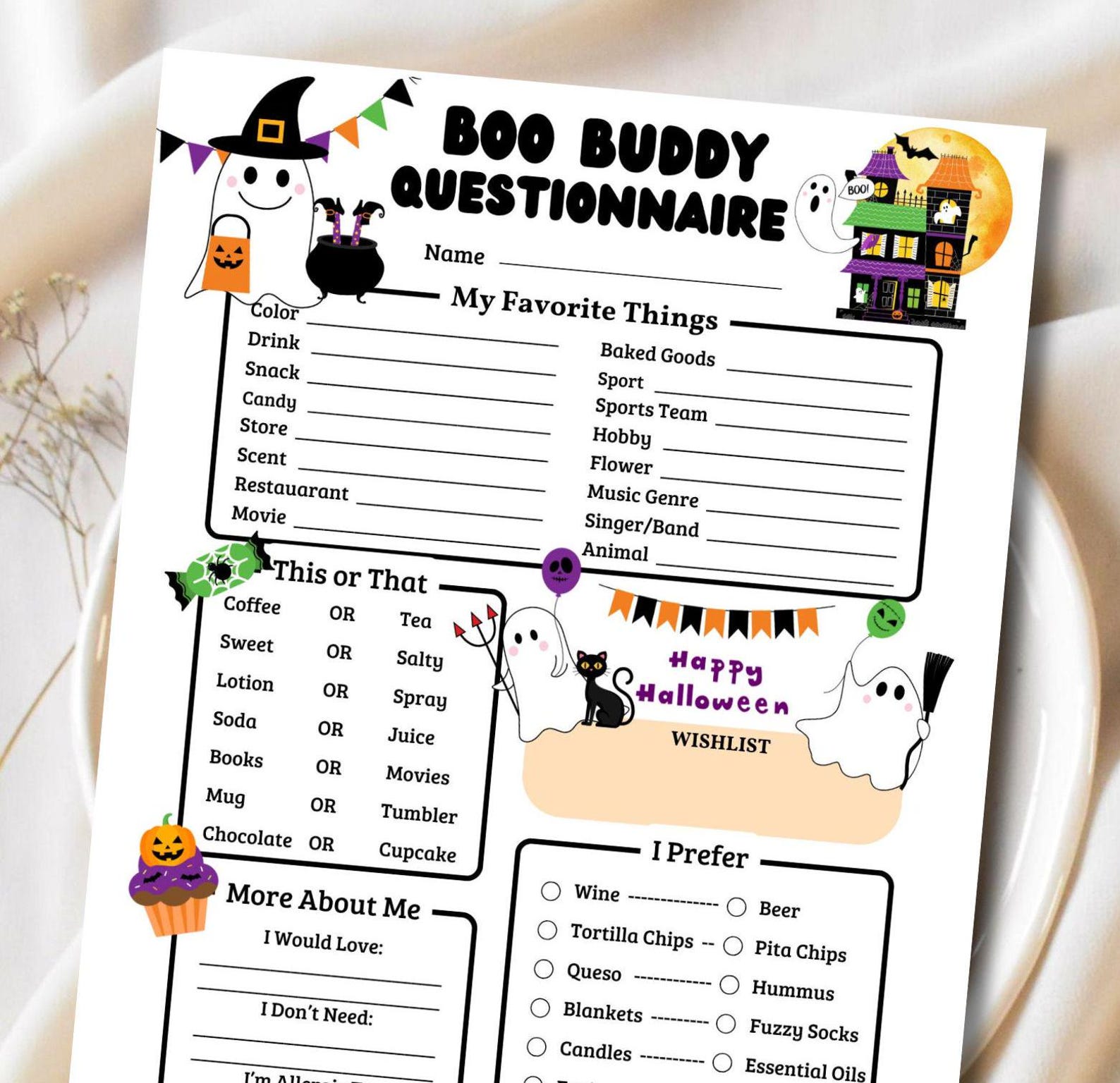 BOO Buddy Questionnaire Printable Halloween Coworker Family Staff ...