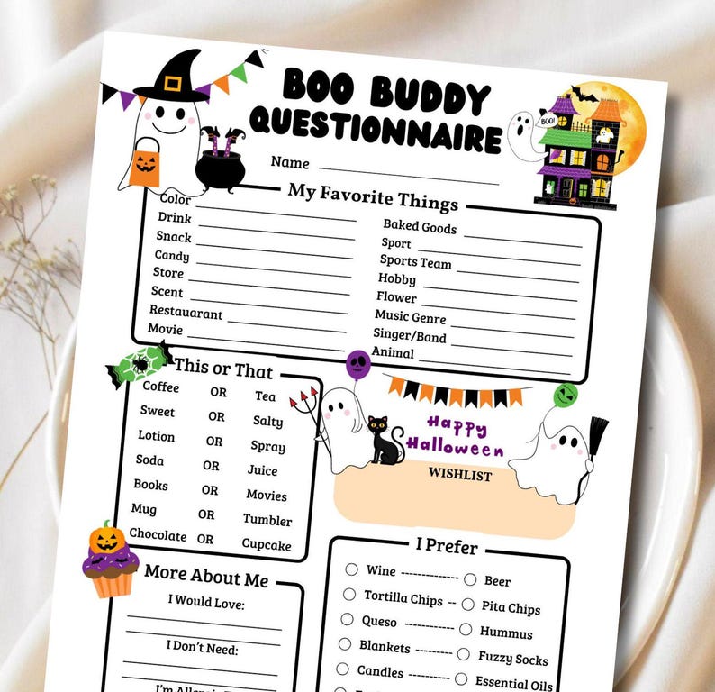 BOO Buddy Questionnaire Printable Halloween Coworker Family Staff ...