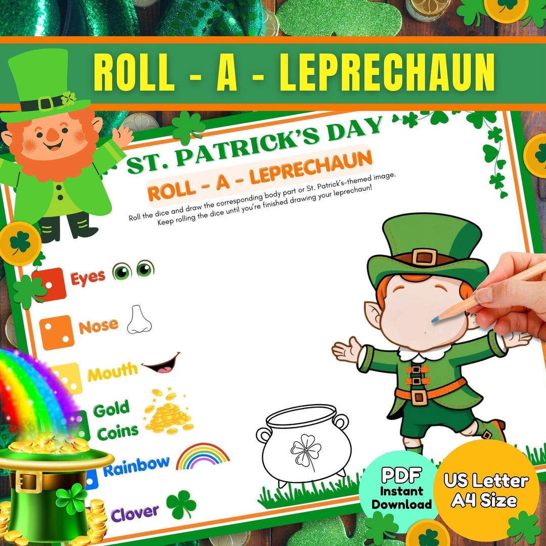 St Patricks Day Roll a Leprechaun Game Printable Fun Dice Drawing ...