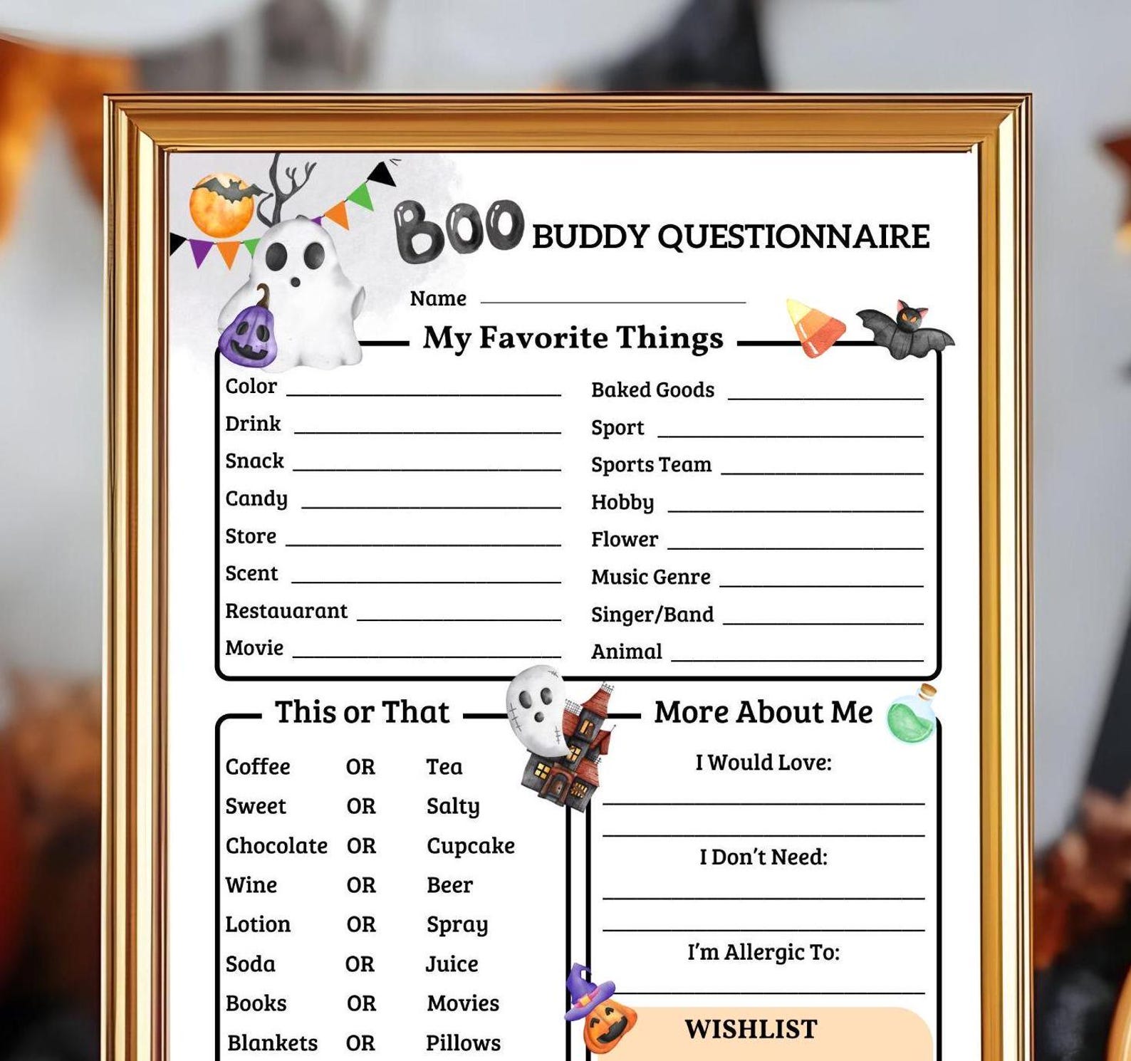 BOO Buddy Questionnaire Printable Halloween Coworker Family Staff ...