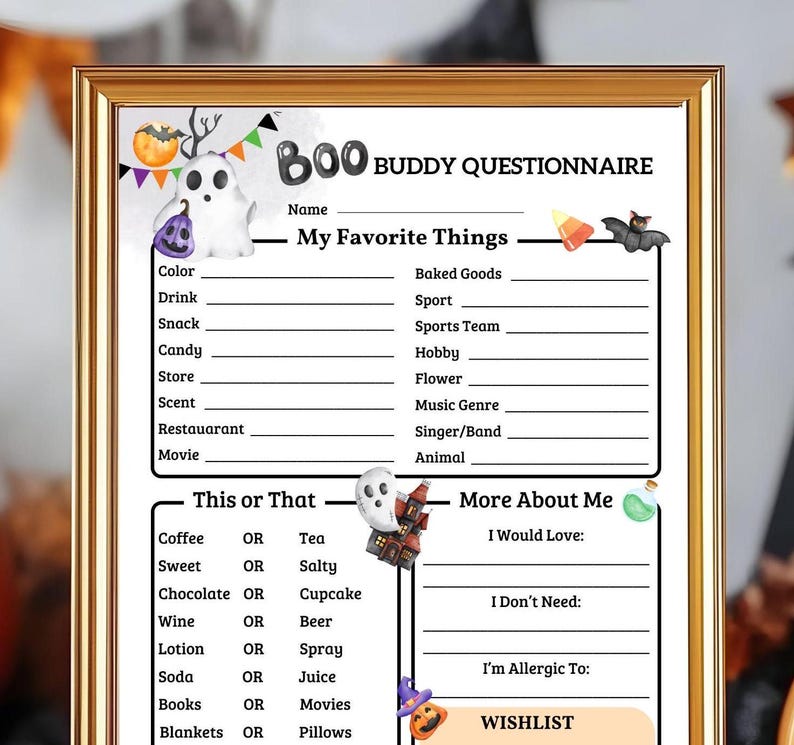 BOO Buddy Questionnaire Printable Halloween Coworker Family Staff ...