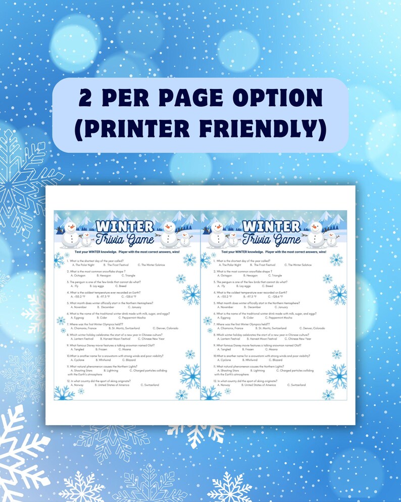 Winter Trivia Game Printable Winter Party Game for Adults Teens Older ...