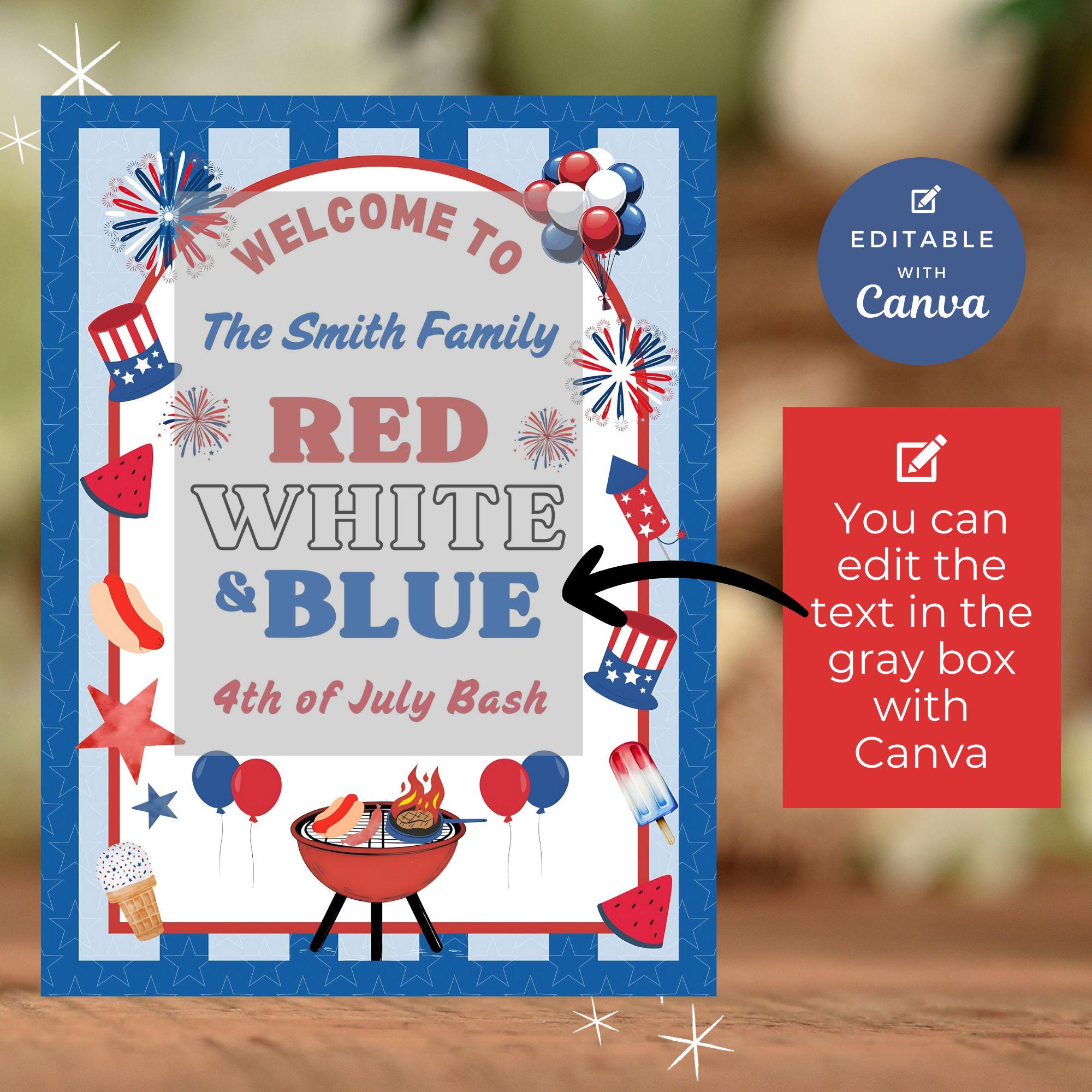 Editable 4th of July Welcome Sign Red White & Blue Backyard BBQ Picnic ...