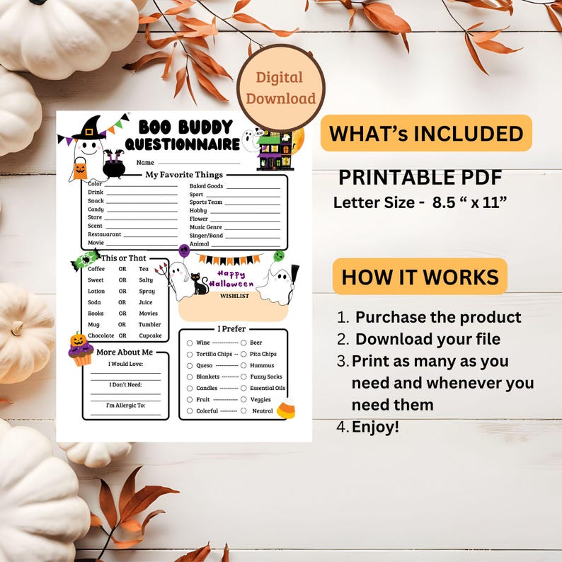 BOO Buddy Questionnaire Printable Halloween Coworker Family Staff ...