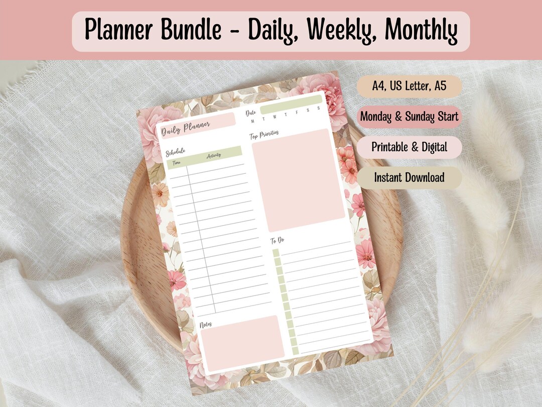 Printable Floral Planner Bundle – Digital Daily Weekly Monthly Pink ...