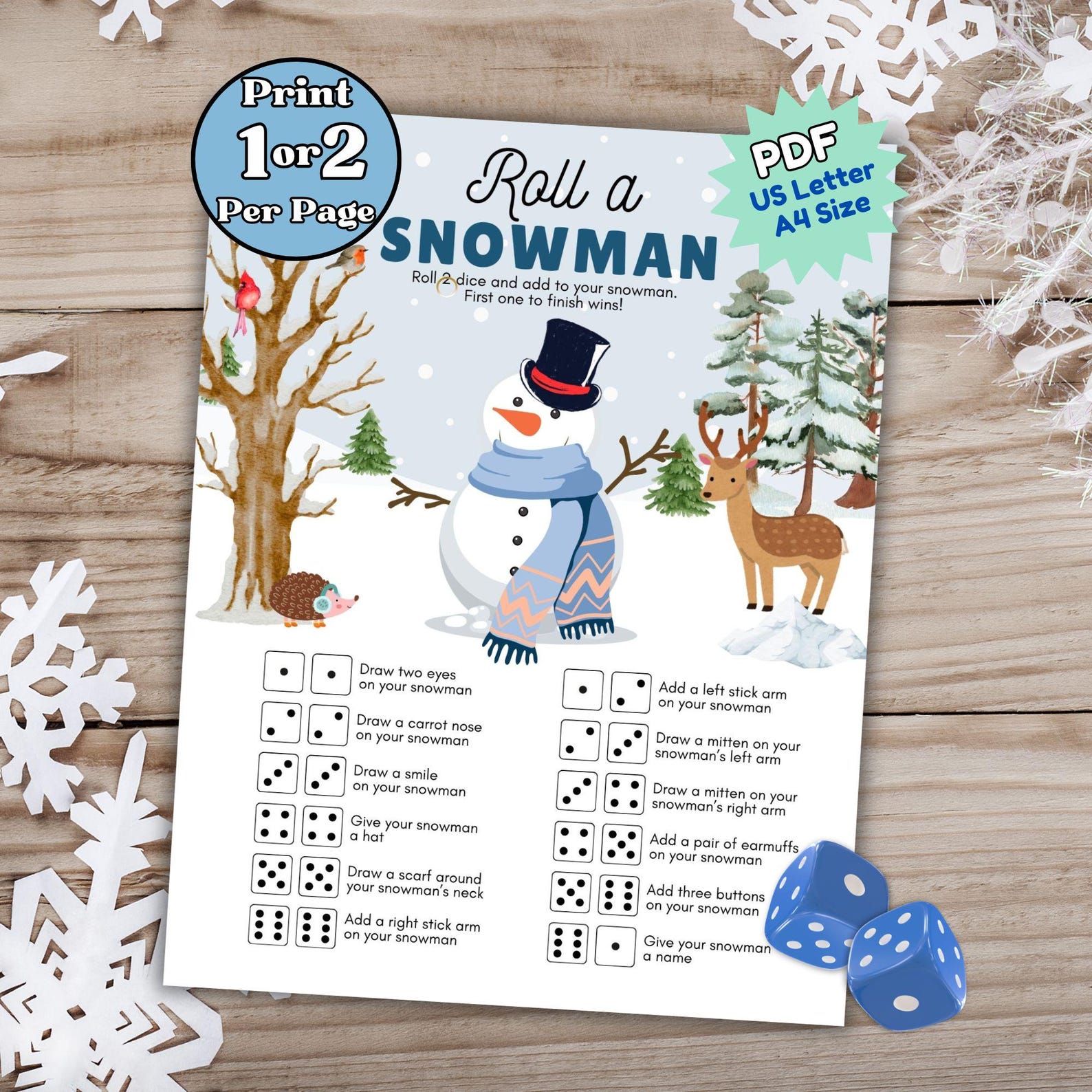 Roll A Snowman Game Printable Winter Activity for Family Kids Adults ...