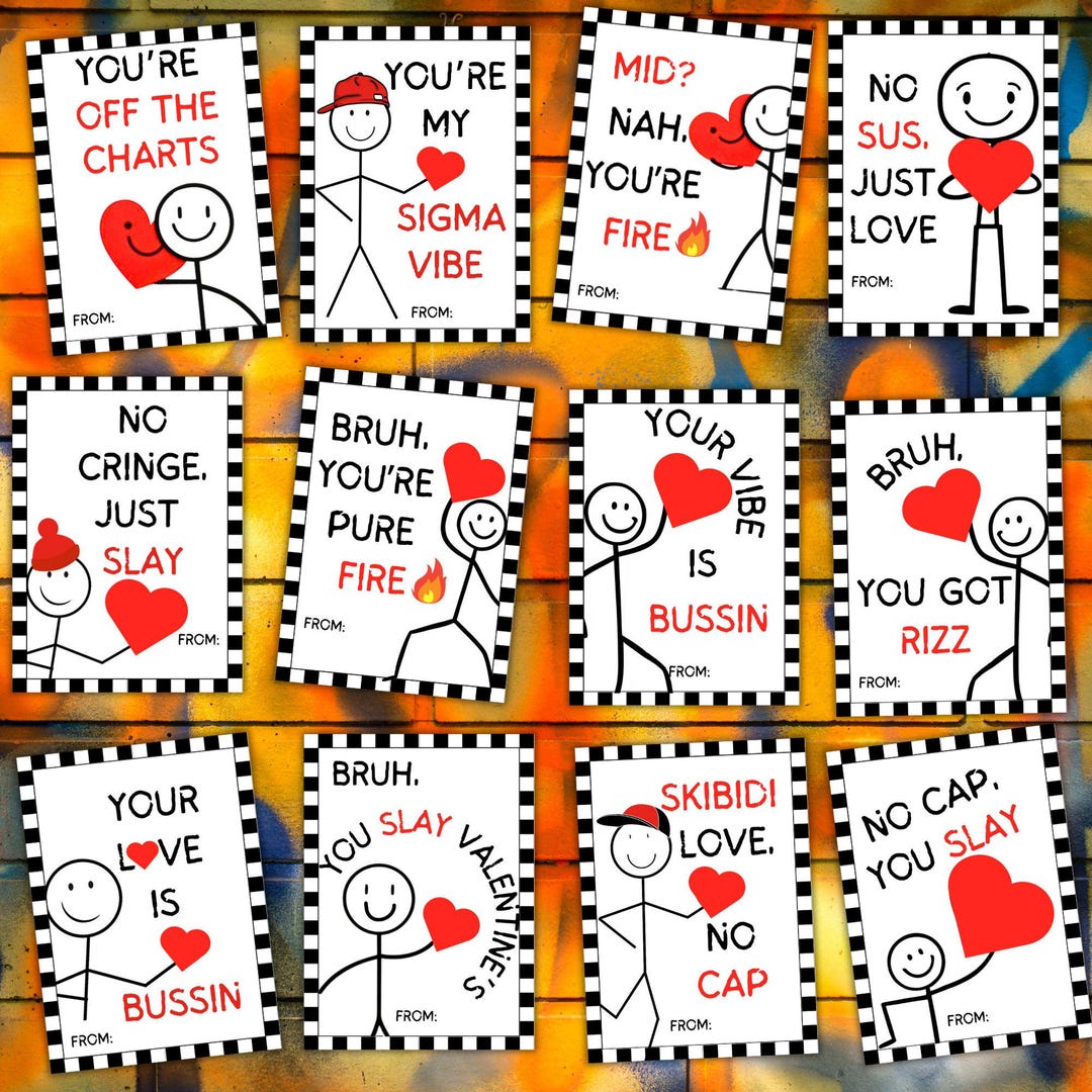 Printable Slang Valentine Cards for Kids Funny Rizz Sus Skibidi Bussin ...