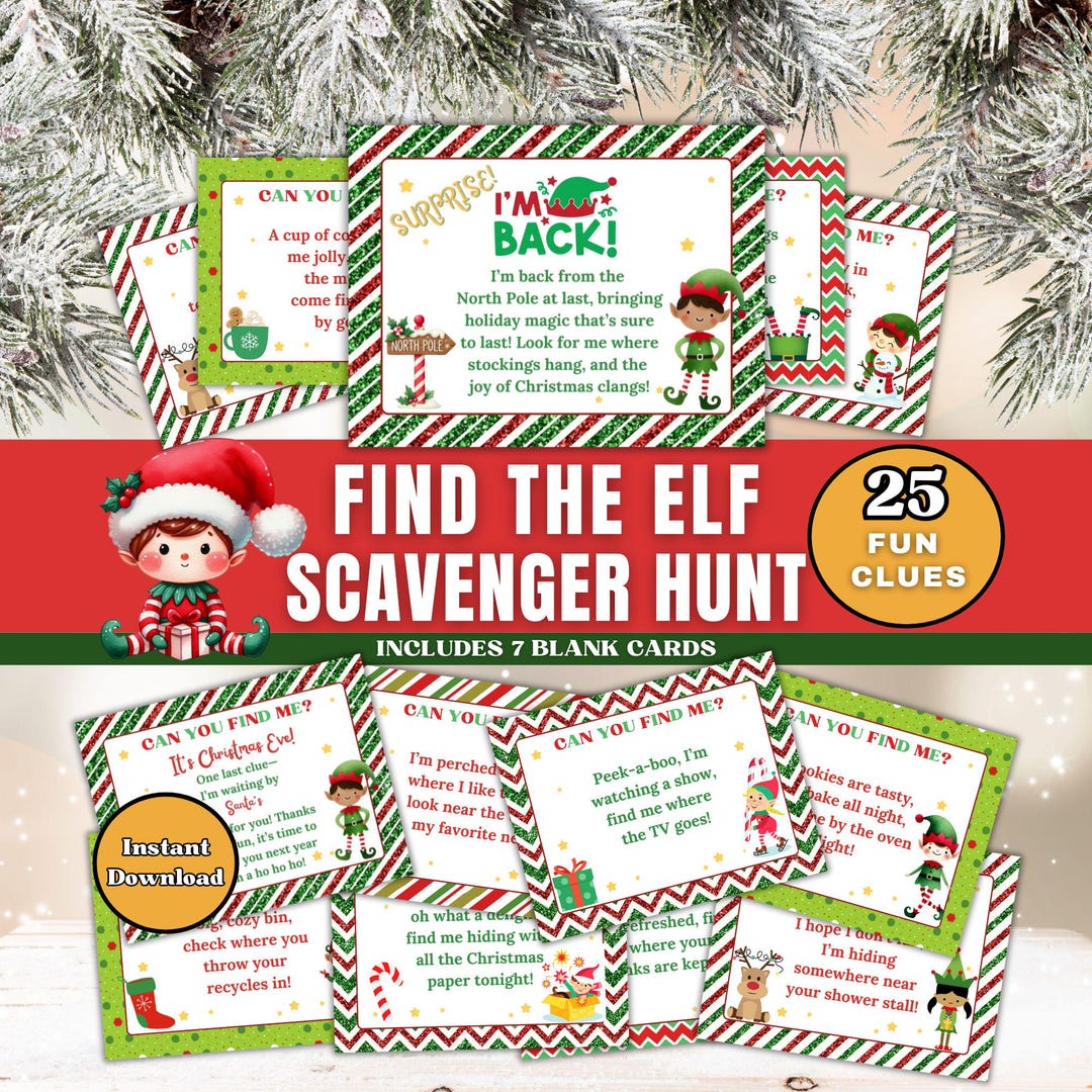 Printable Christmas Elf Scavenger Hunt Clue Cards—25 Festive Hide ...