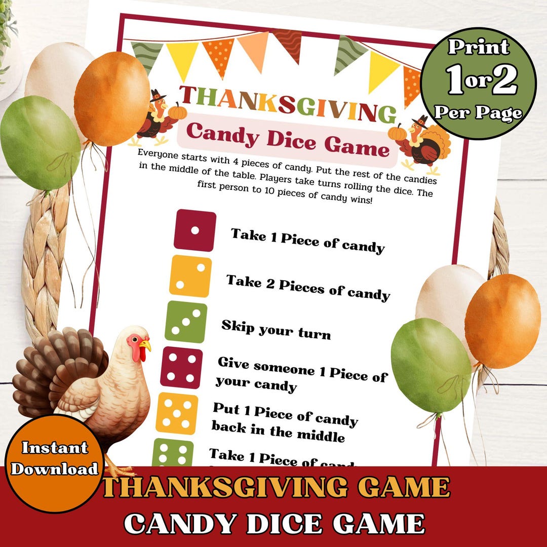 Thanksgiving Candy Dice Game, Fun Family Party Game Printable Holiday ...