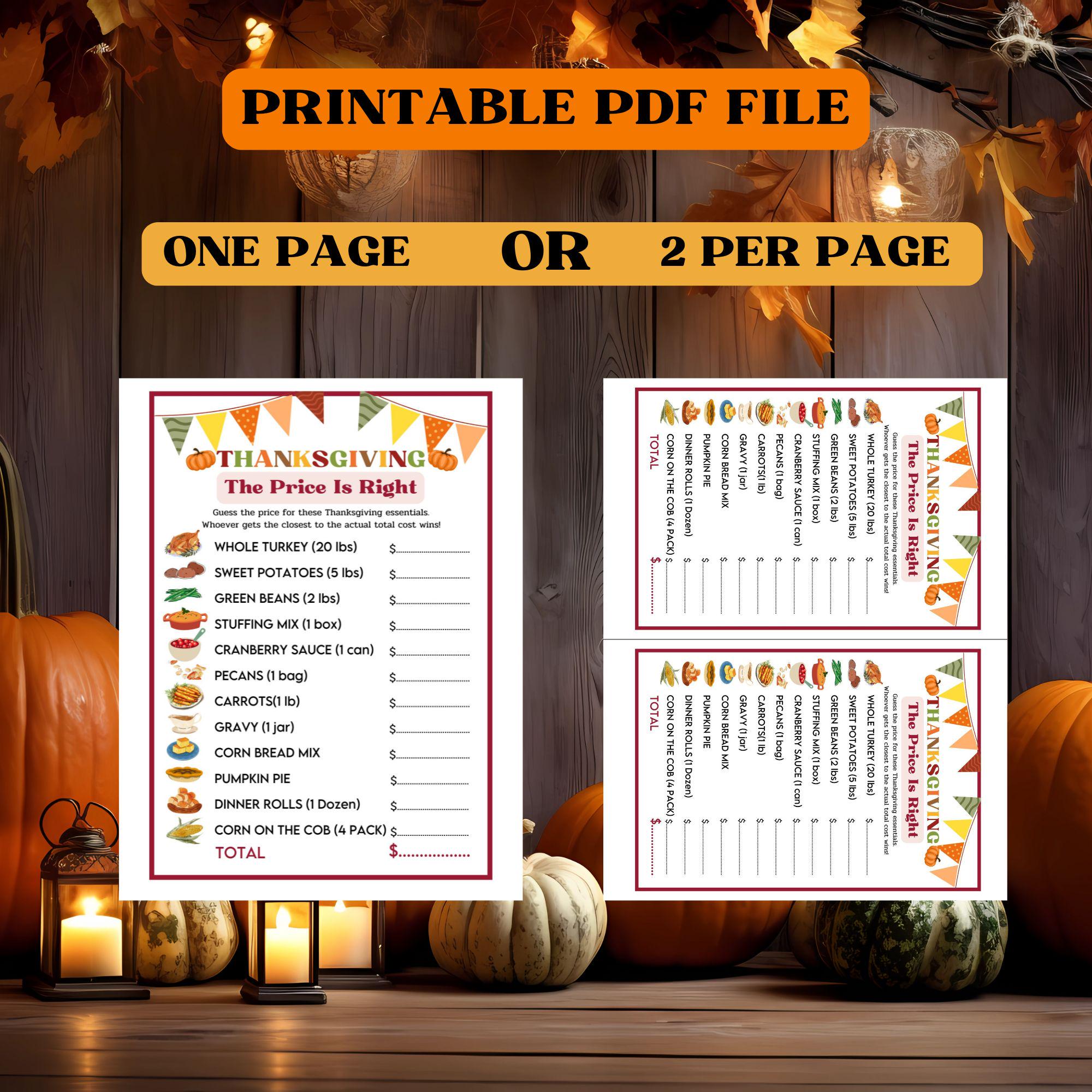Price is Right Thanksgiving Game, Fun Party Game for Thanksgiving ...