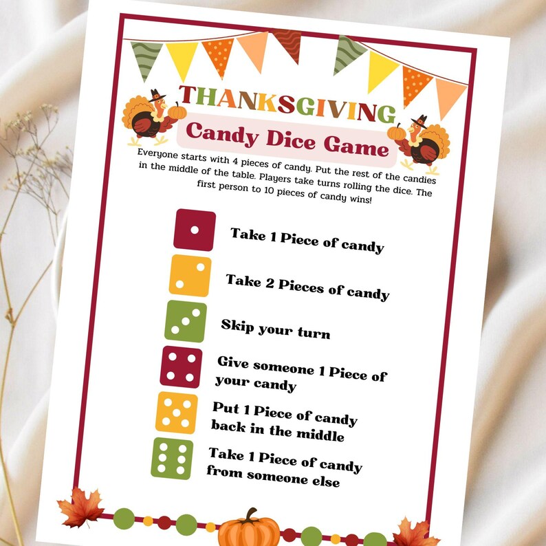 Thanksgiving Candy Dice Game, Fun Family Party Game Printable Holiday ...