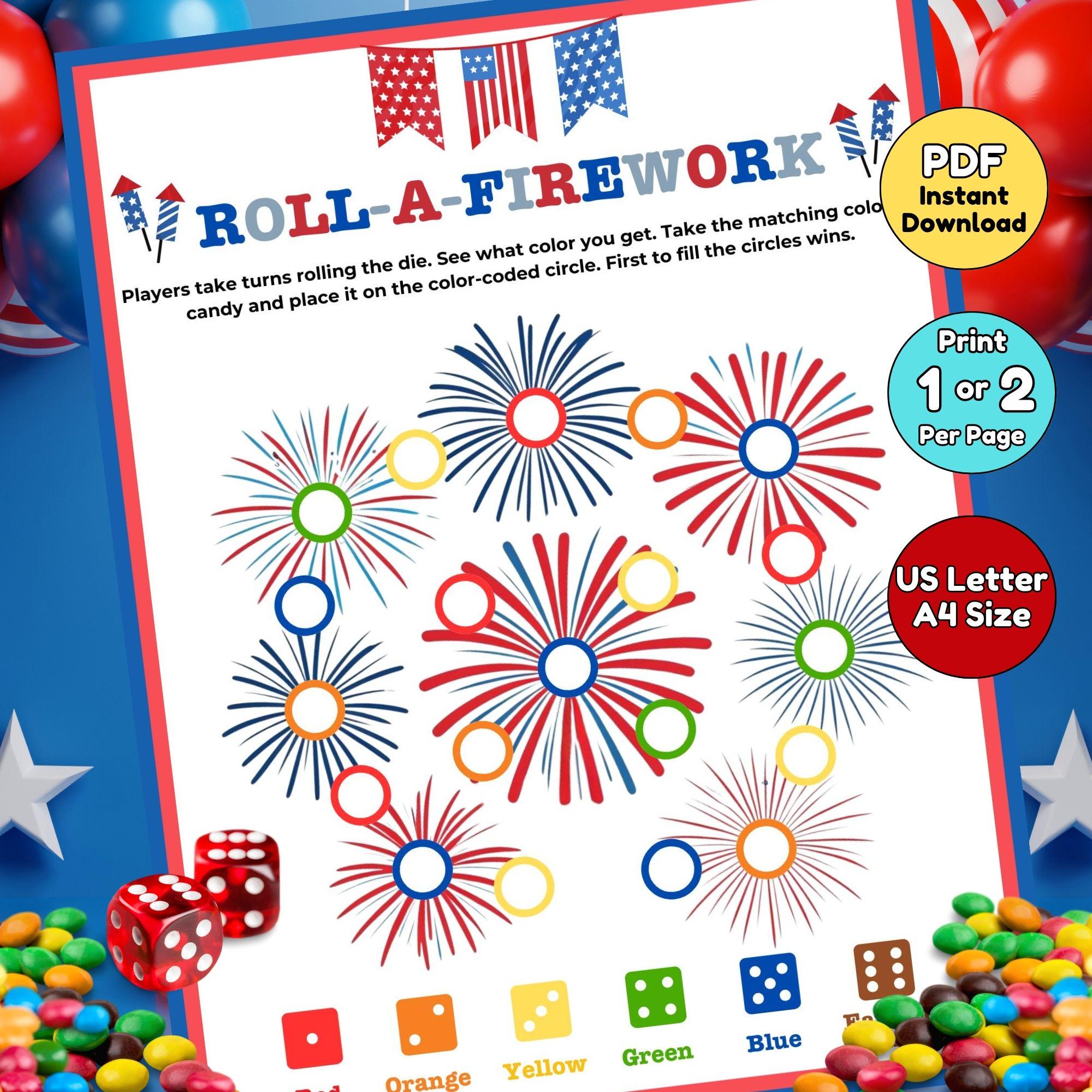 4th of July Roll‑a‑firework Game Patriotic Red White Blue Printable ...