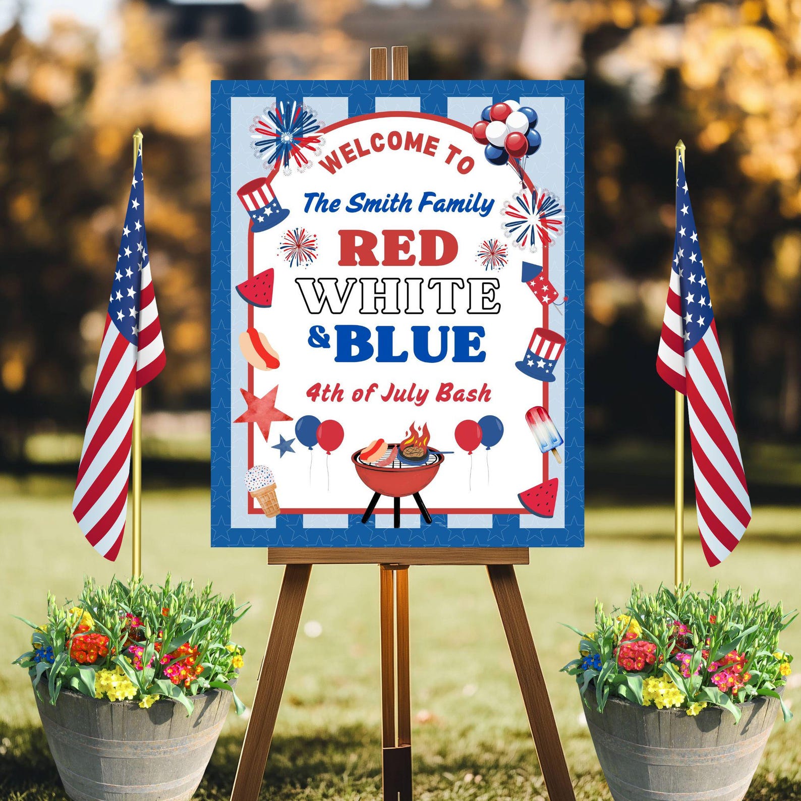 Editable 4th of July Welcome Sign Red White & Blue Backyard BBQ Picnic ...