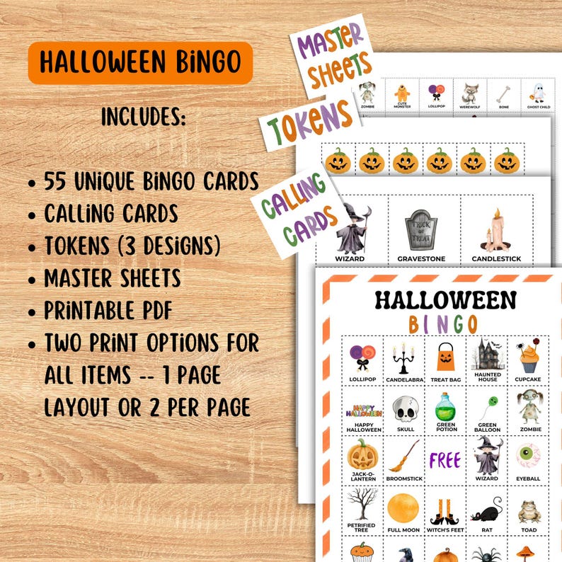 Printable Halloween Bingo Game 55 Bingo Cards Fun Halloween Game for ...