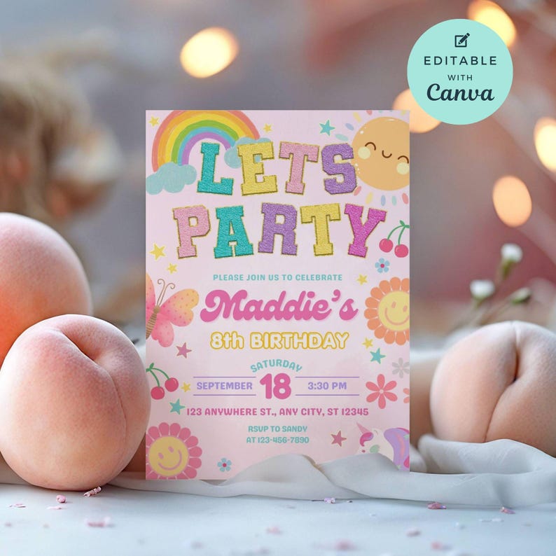 Patch Letter Birthday Invitation - LET’S PARTY Pastel Retro Editable ...