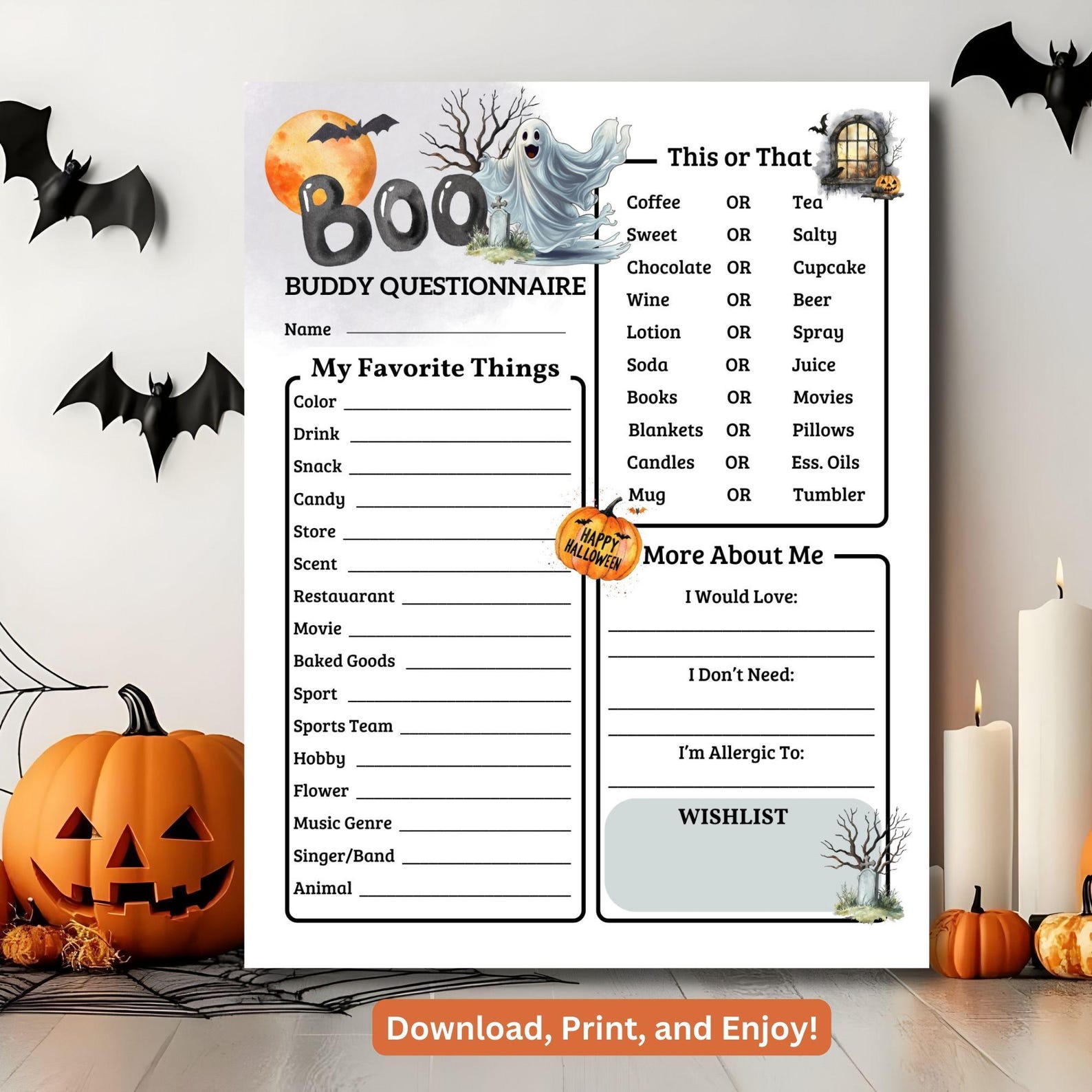 BOO Buddy Questionnaire Halloween Printable Coworker Family Friends Fun ...