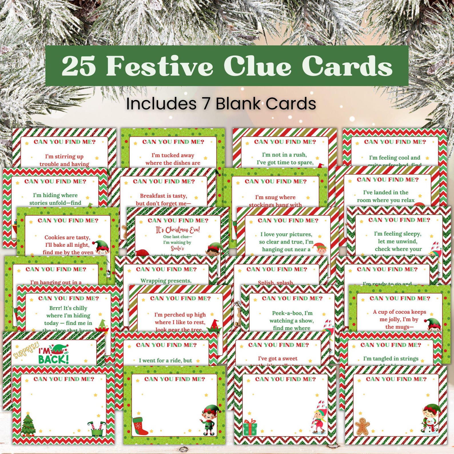Printable Christmas Find the Elf Clue Cards 25 Festive Hide & Seek ...
