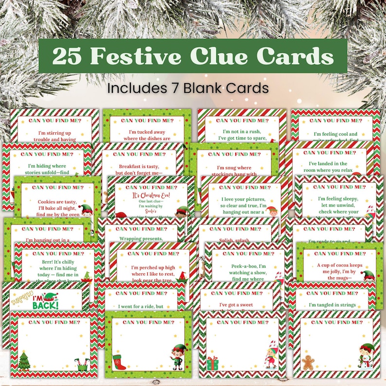 Printable Christmas Find the Elf Clue Cards 25 Festive Hide & Seek ...