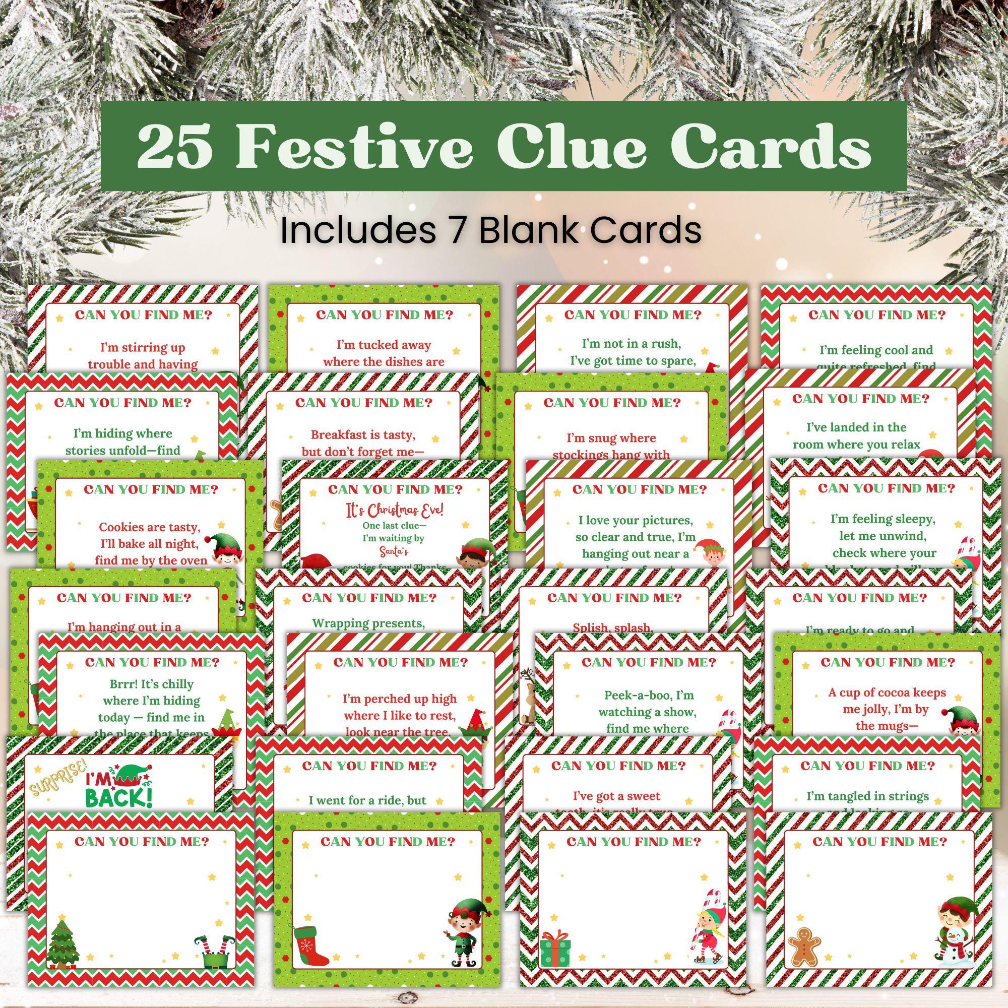 Printable Christmas Find the Elf Clue Cards 25 Festive Hide & Seek ...