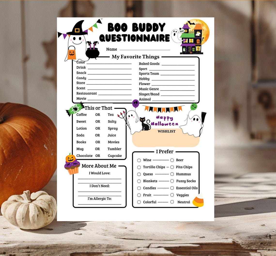 BOO Buddy Questionnaire Printable Halloween Coworker Family Staff ...