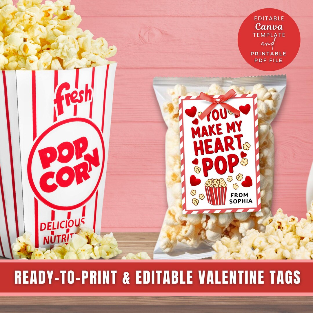 Editable Popcorn Valentine Card Tag Printable You Make My Heart Pop, US ...