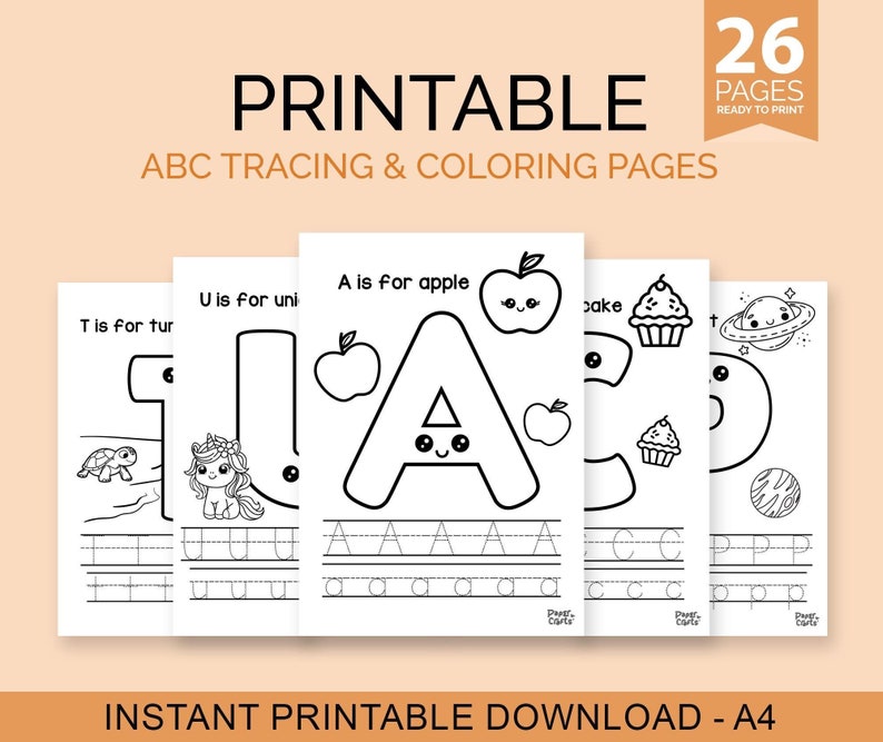 ABC Tracing & Coloring Pages for Kids, Alphabet Worksheet, Educational ...