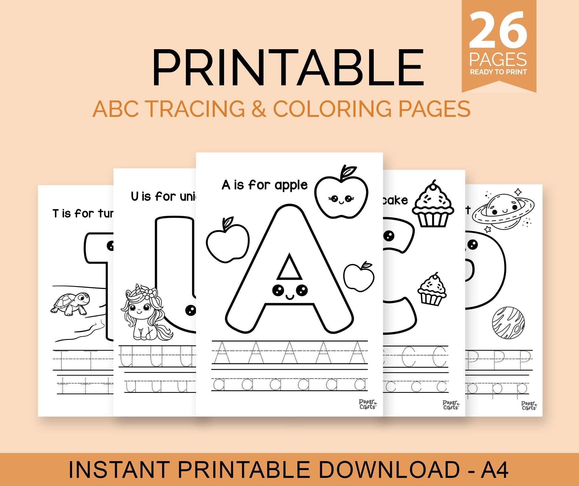 ABC Tracing & Coloring Pages for Kids, Alphabet Worksheet, Educational ...