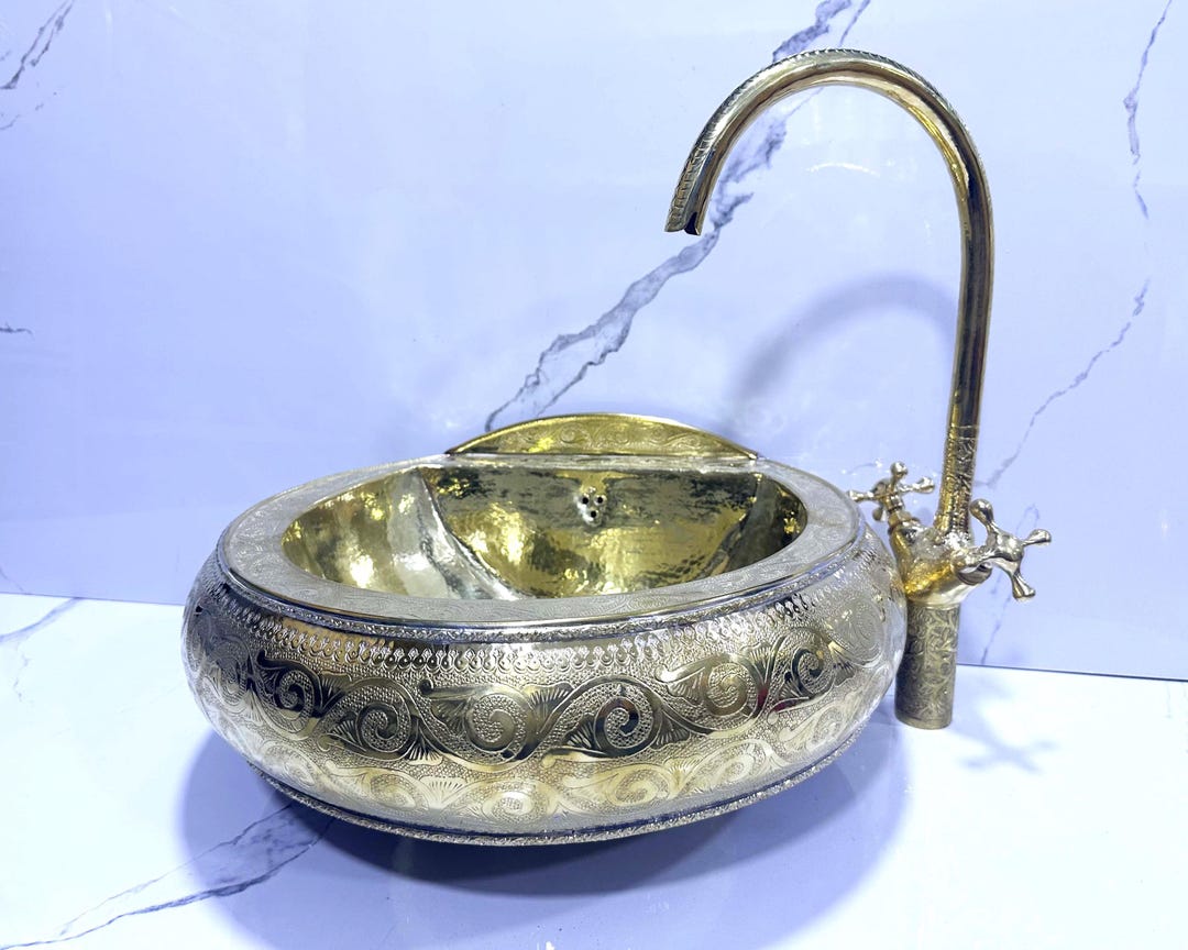 Handcrafted Moroccan Brass Wall-mounted Sink Intricate Engraved Basin ...